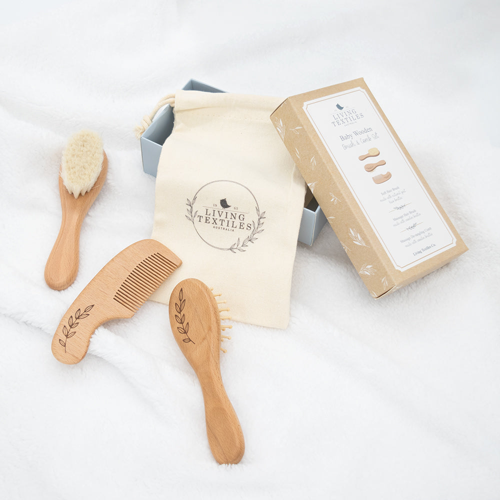 3pc Baby Wooden Brush & Comb Set - Living Textiles