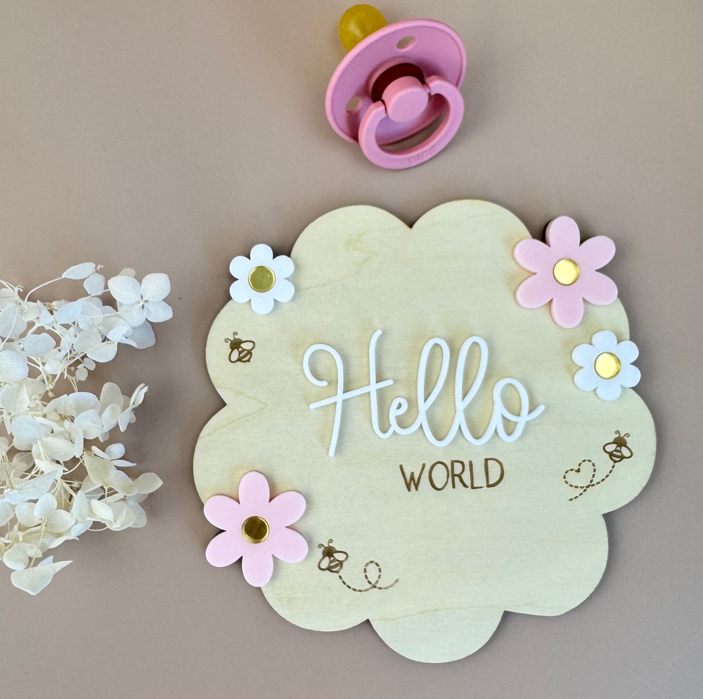 Hello World - Flower Bees - Birth Announcement Plaque - Luma Light